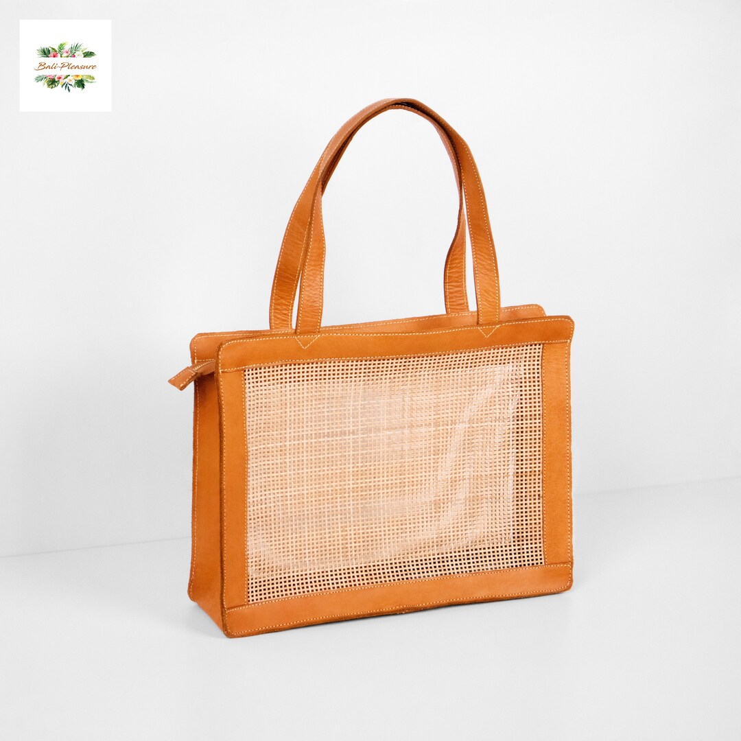Mika Leather Bag, Boho Rattan Basket, Handwoven Top Handle Bag, Summer ...