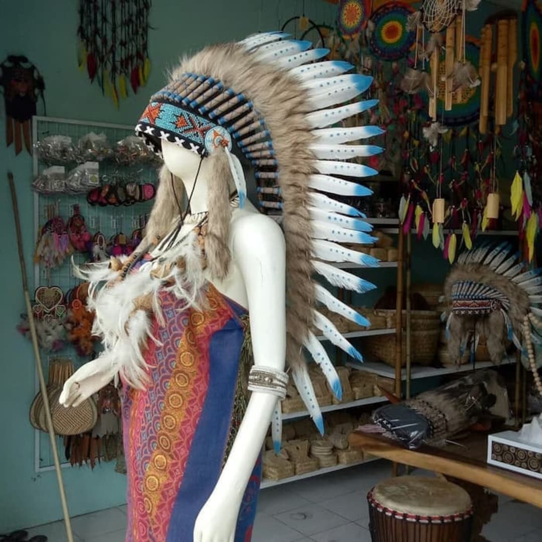 Indian Headdress White & Blue Replica - Feather Warbonnet - Native ...