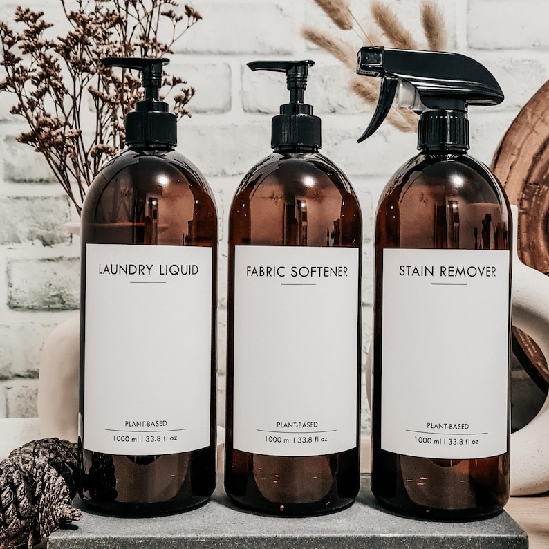 Minimalist Laundry Bottles With Waterproof Label// Refillable 1L Bottle ...