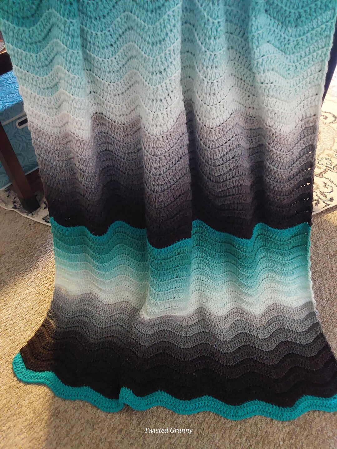 Crochet Blanket Pattern, Midnight Tide Ombre: Sea Green Wave Afghan ...