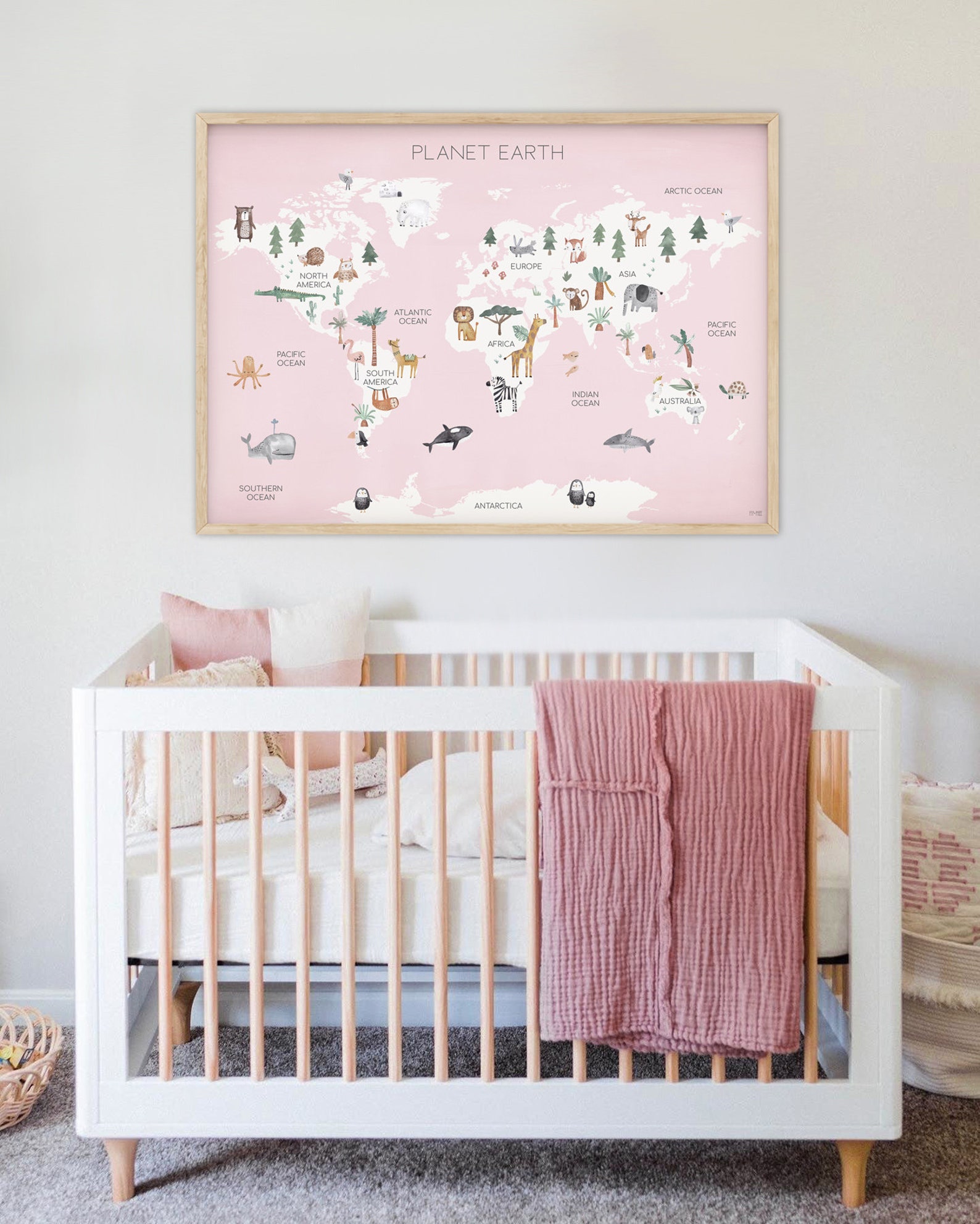 Digital File of Pip+phee World Map With Animals - Pink - Planet Earth ...