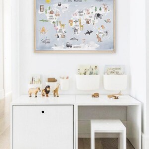 Pip+phee World Map With Animals Wall Print Dusty Blue - Baby Nursery ...