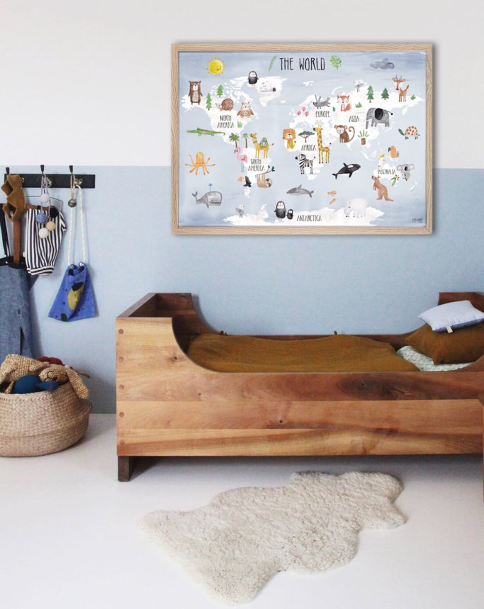 Pip+phee World Map With Animals Wall Print Dusty Blue - Baby Nursery ...