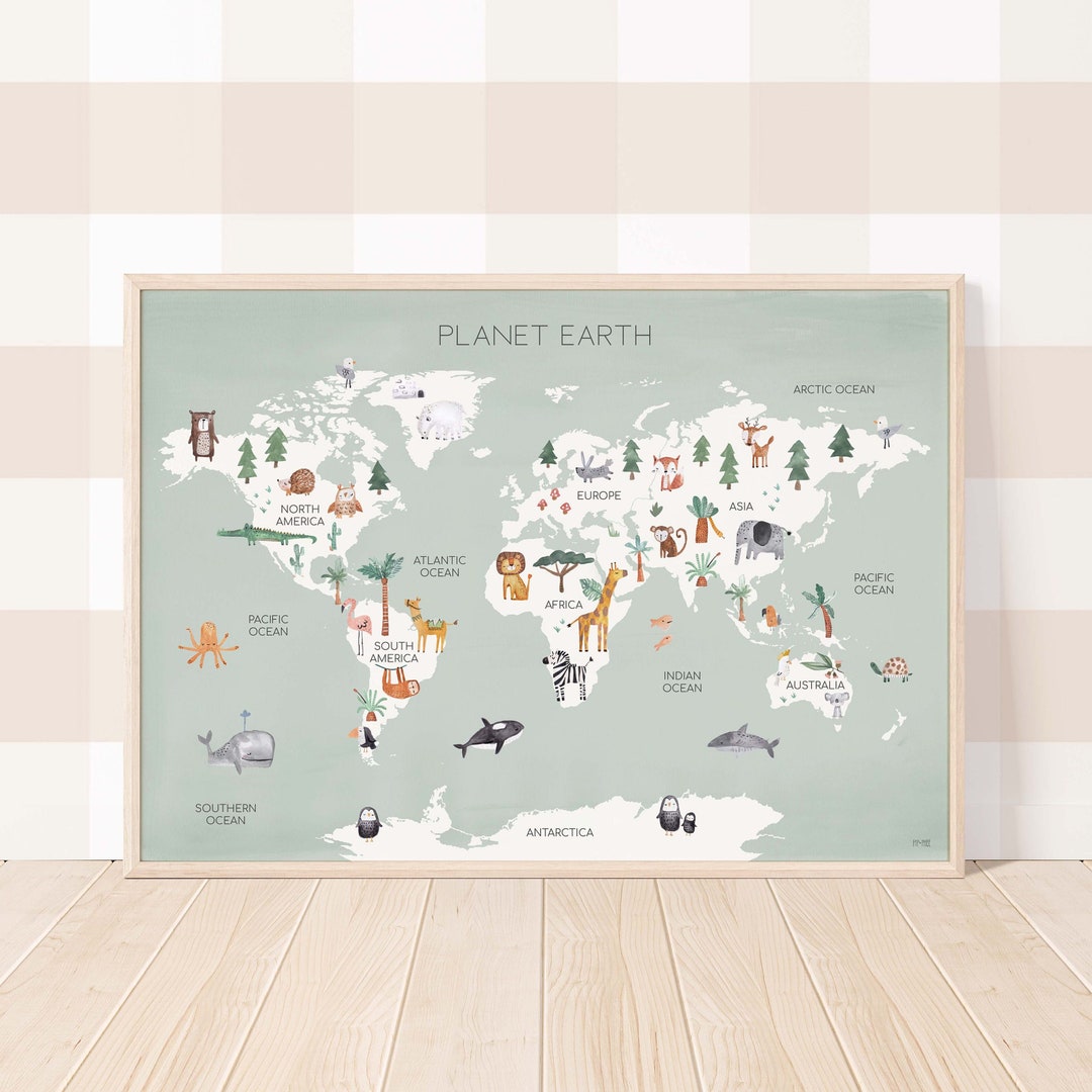 Pip+phee World Map - Planet Earth With Animals - Sage - Etsy