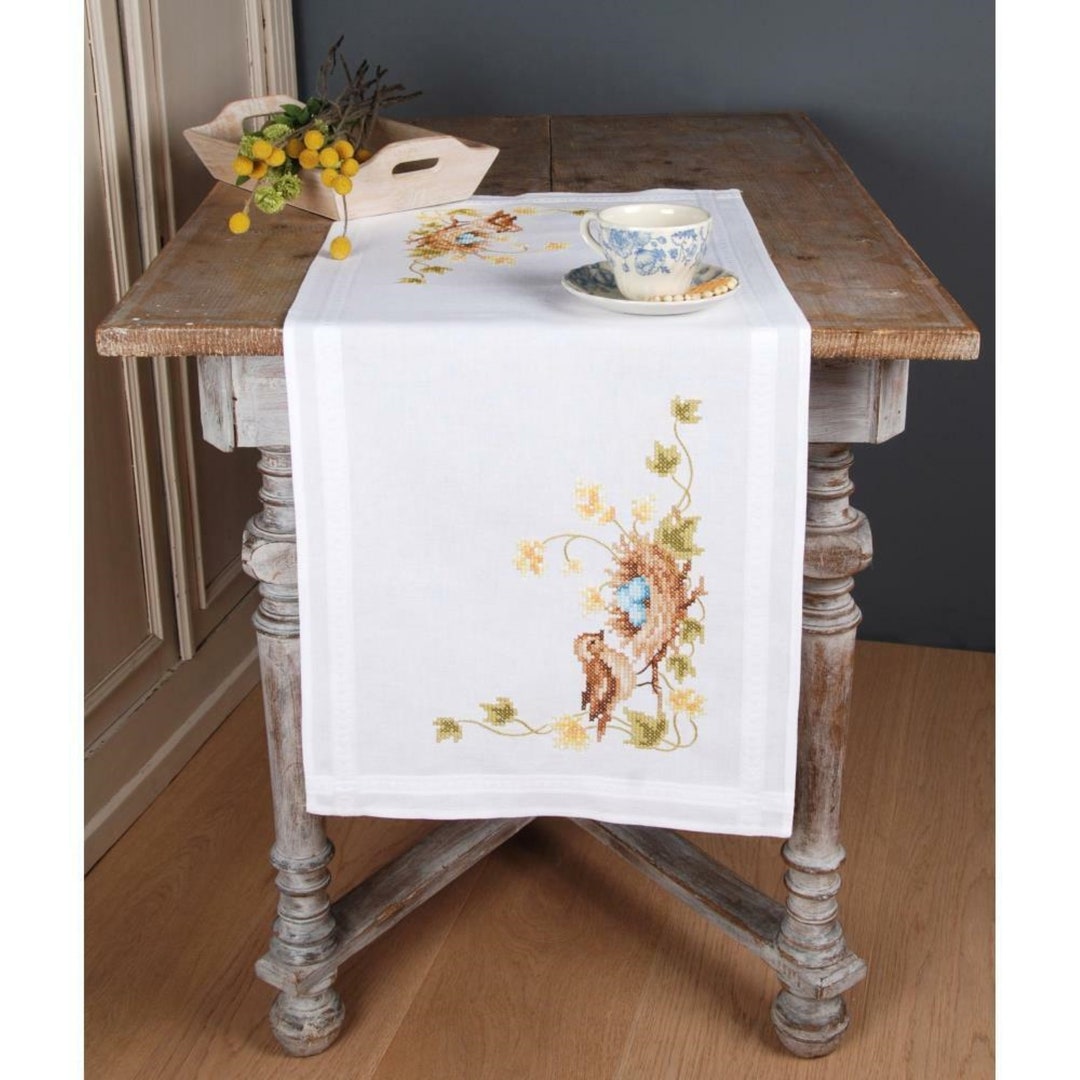 Vervaco Stamped Cross Stitch Table Runner Kit Little Bird in Nest 16 X ...