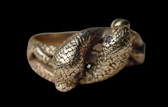 Vintage 9ct gold snake ring with two snakes entwined,… - Gem