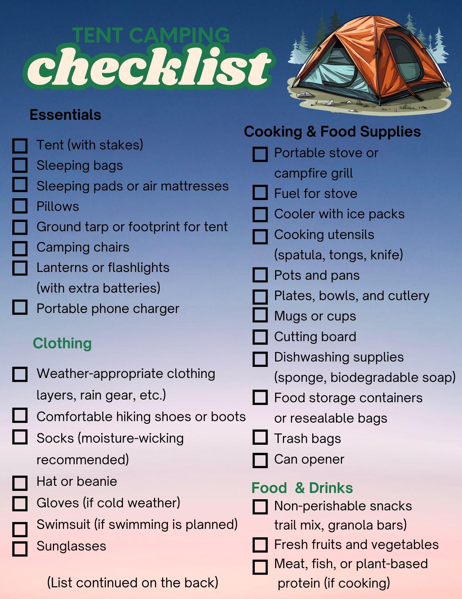 Tent Camping Checklist - Great for Planning Your Next Camping Trip - Etsy