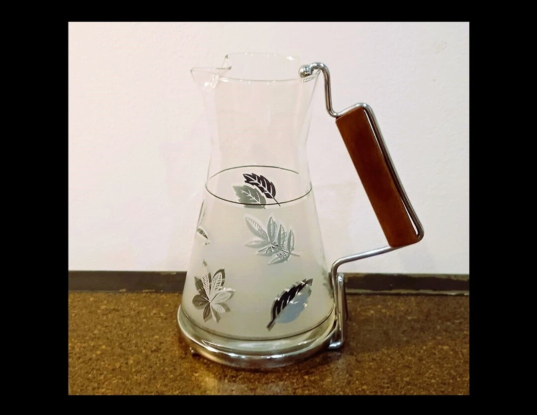 Vintage MCM 50's Frosted Glass Pitcher Carafe silver Leaf Foliage by ...