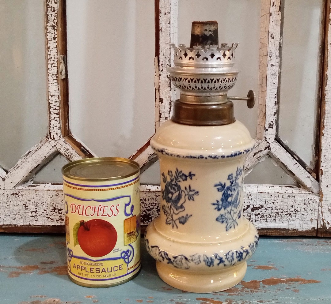 Vintage Ceramic Pottery Oil Lamp ~ Creamy White and Blue Roses ...