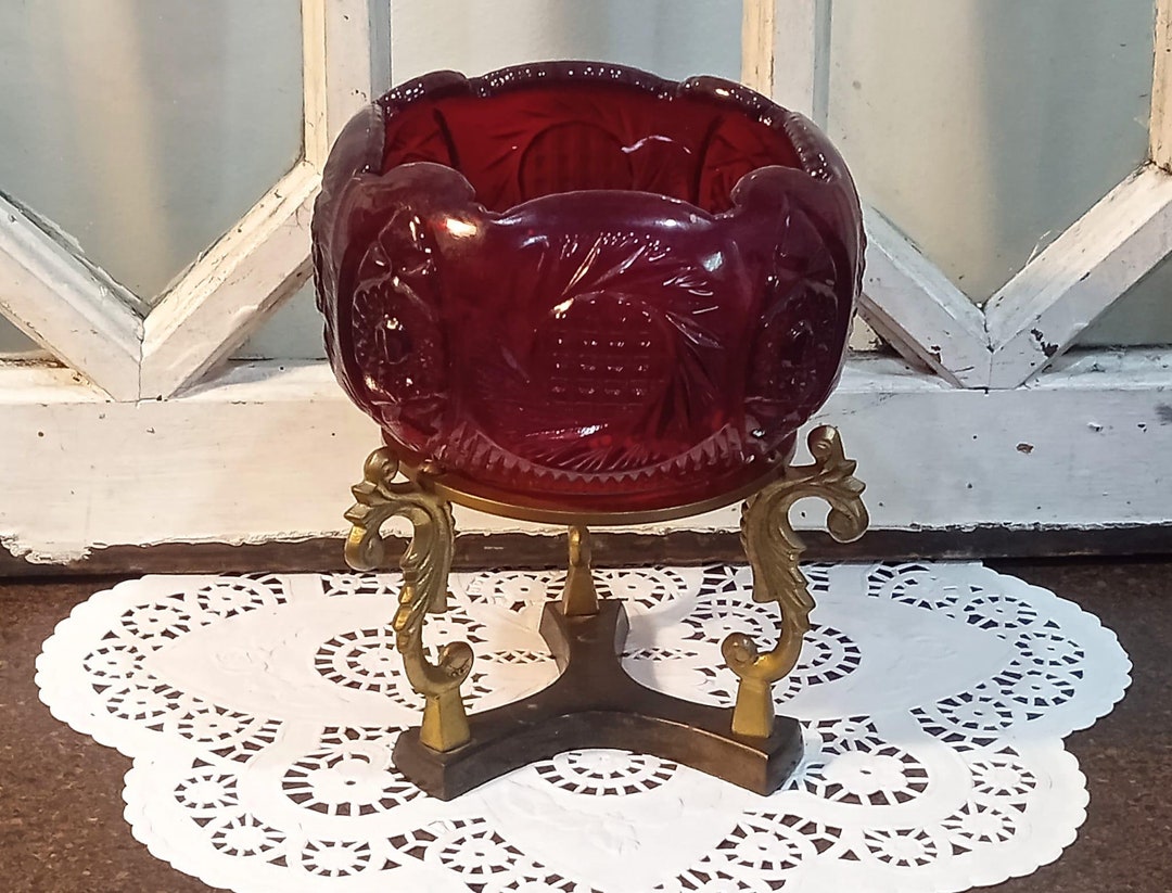 Vintage Fenton Art Glass Ruby Red Regency Bowl in Brass Stand - Etsy