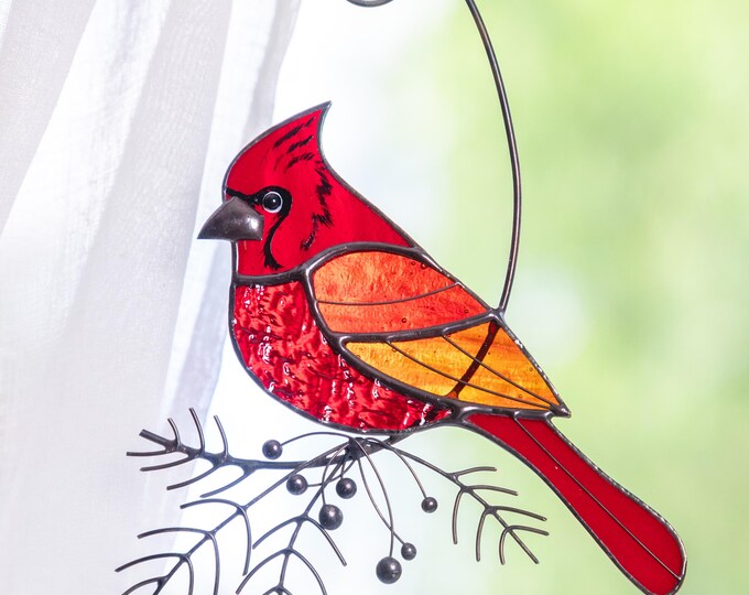 Handcrafted Stained Glass Panel With Red Cardinal and White Birch Trees ...