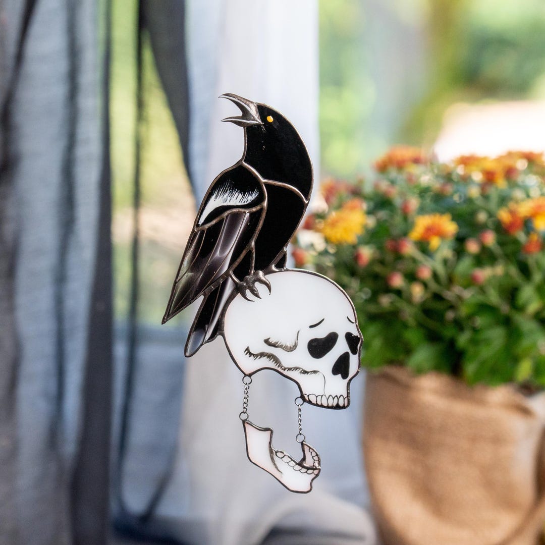 Unique Raven Feathers Stained Glass Window Hangings Human Skull Modern ...
