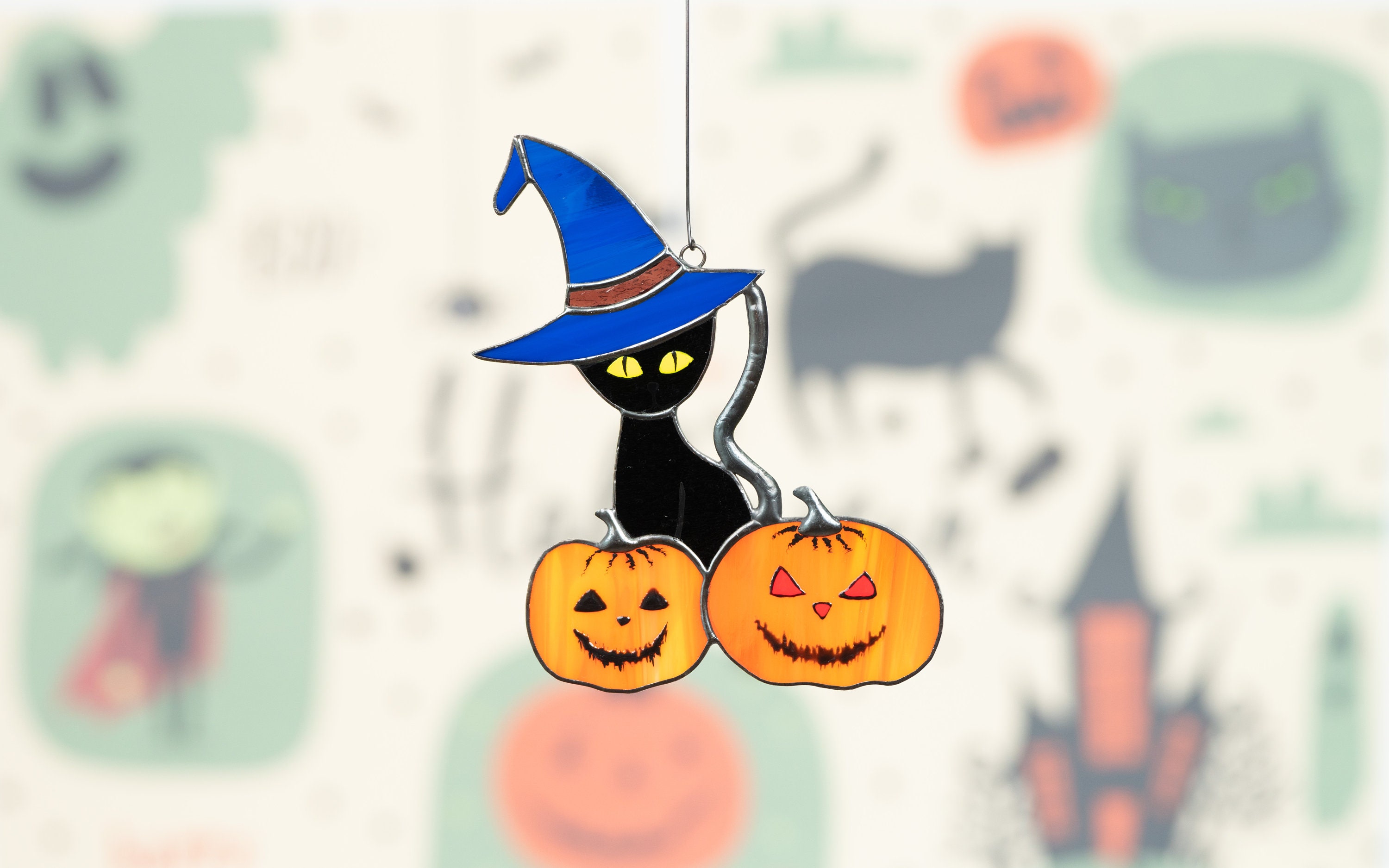 Creepy Cat Stained Glass Suncatcher Halloween Outdoor Decor Wizard Hat ...