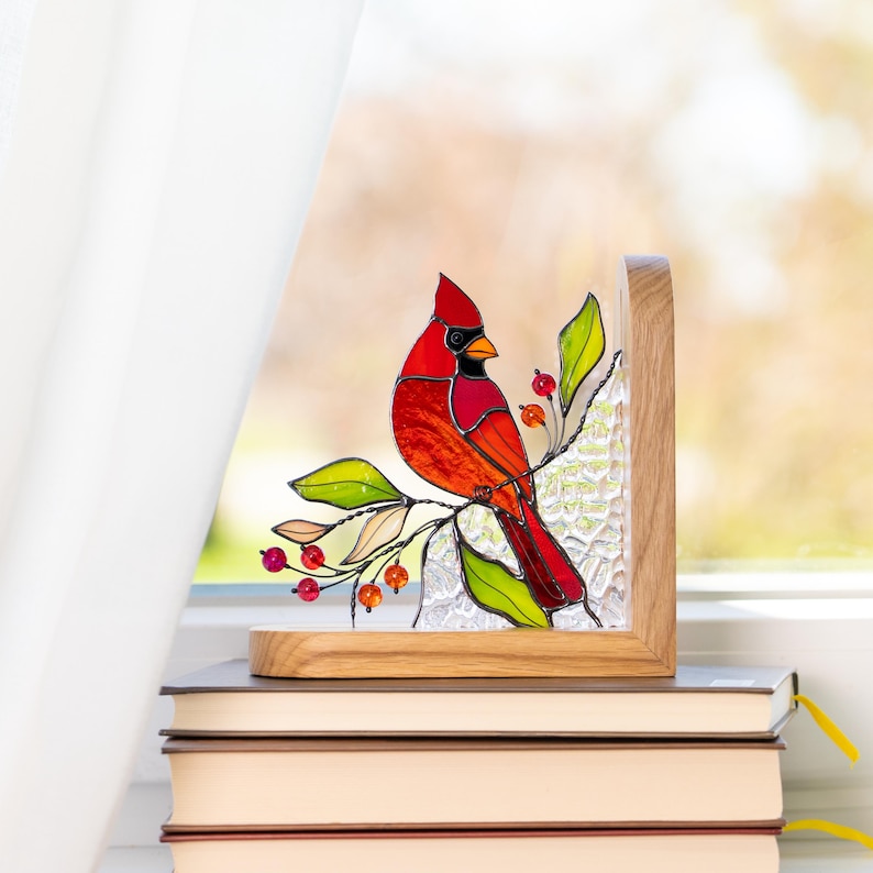 Book Ends Red Cardinal Stained Glass Panel Best Gift for Mom Stained ...