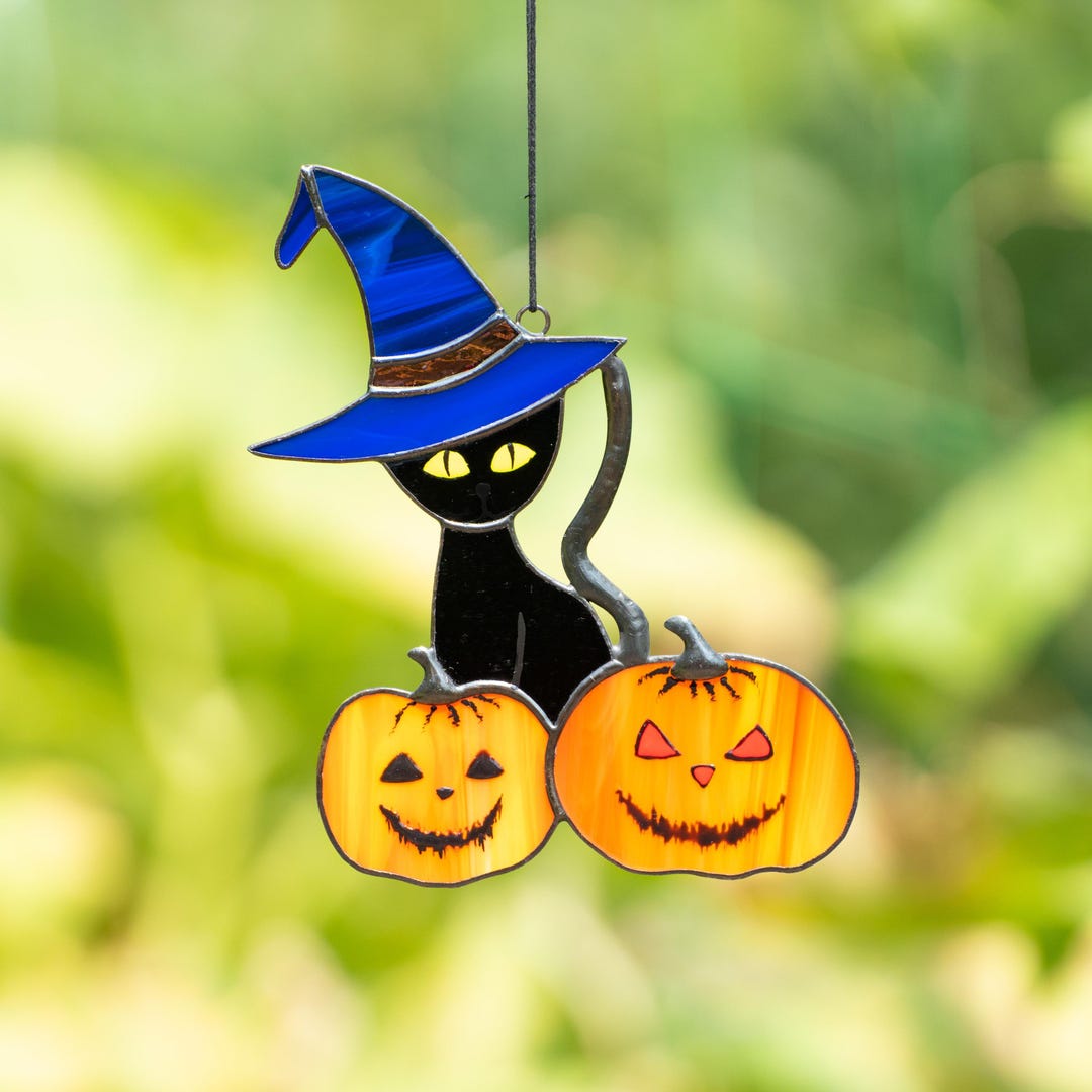 Creepy Cat Stained Glass Suncatcher Halloween Outdoor Decor Wizard Hat ...