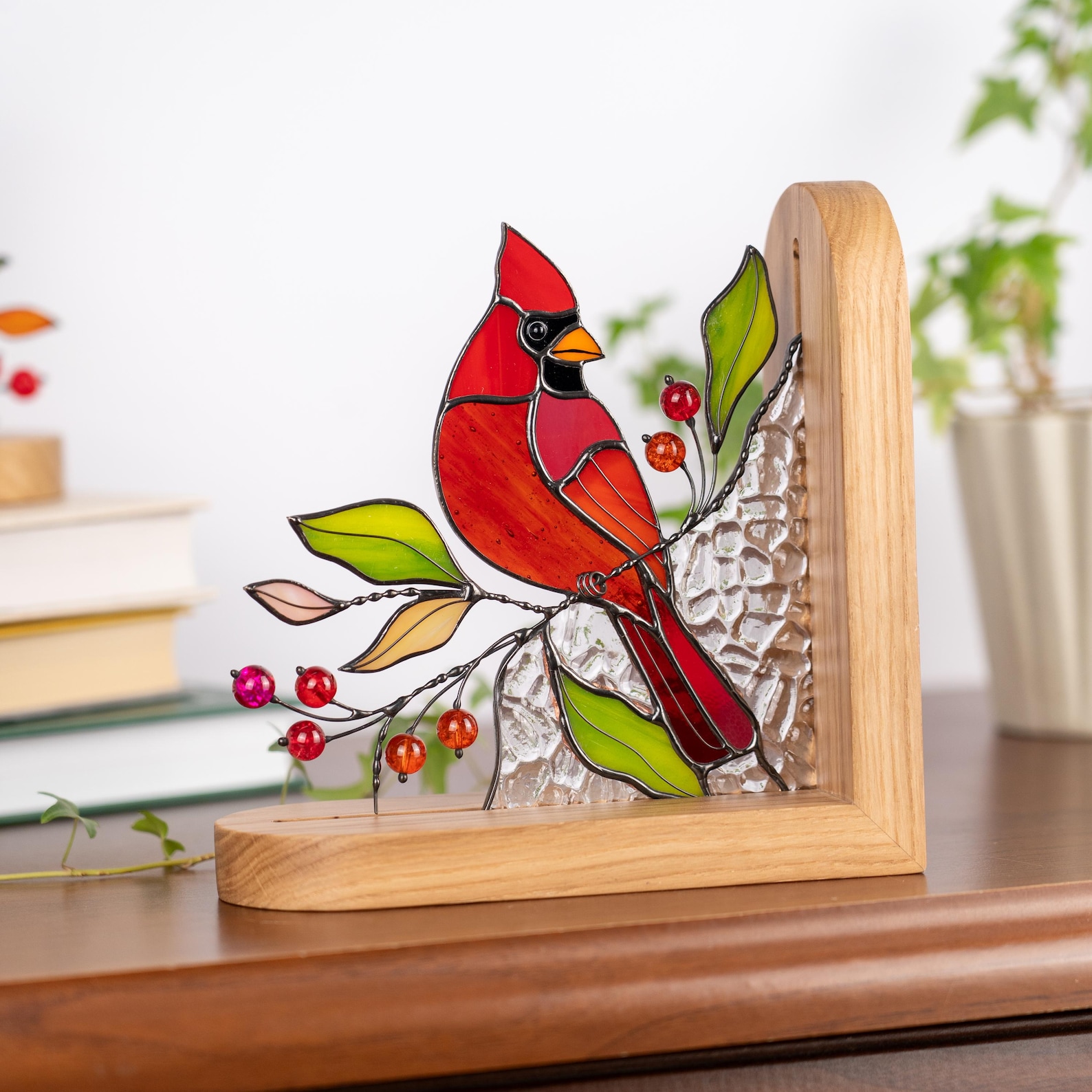 Book Ends Red Cardinal Stained Glass Panel Best Gift for Mom Stained ...