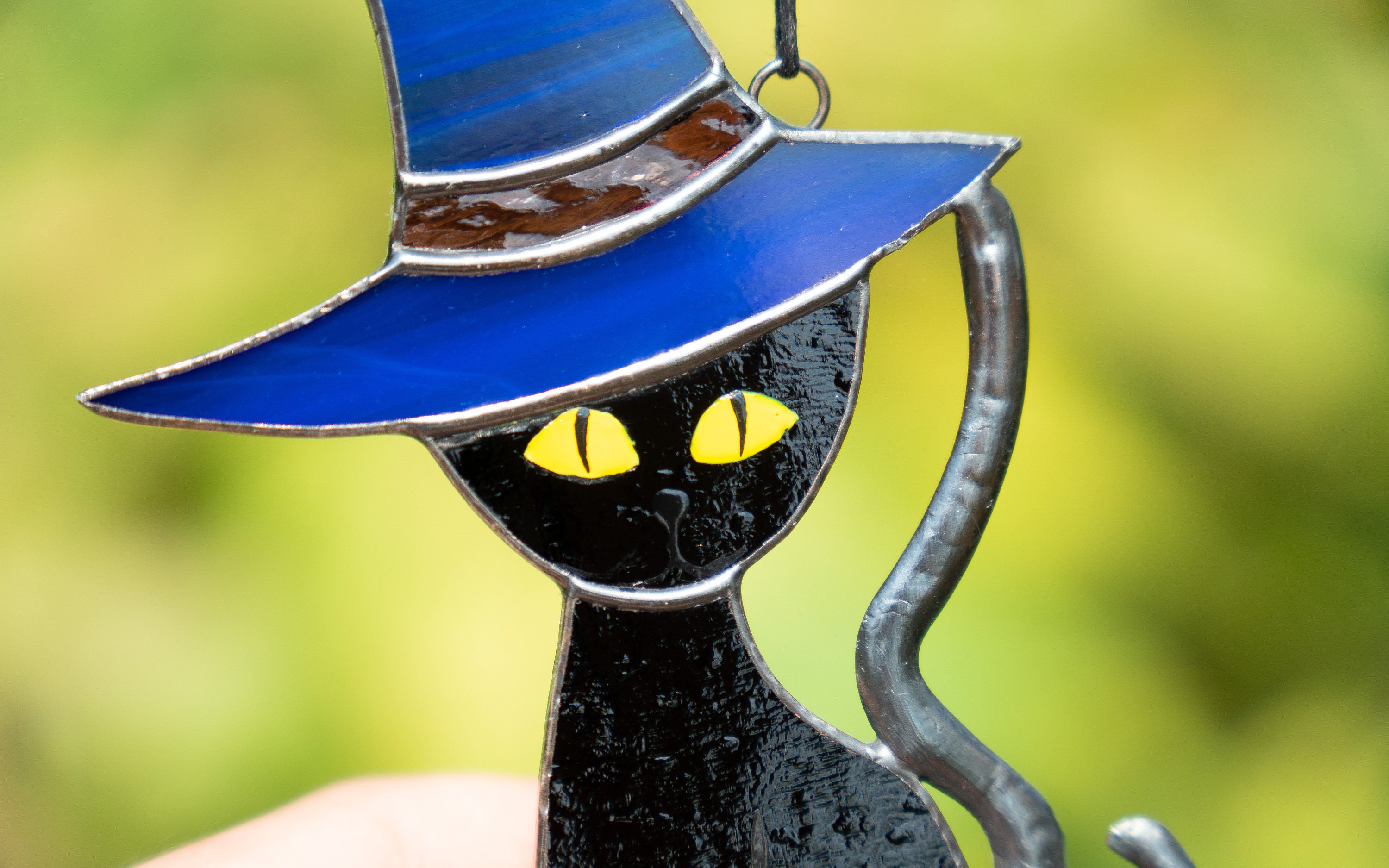 Creepy Cat Stained Glass Suncatcher Halloween Outdoor Decor Wizard Hat ...