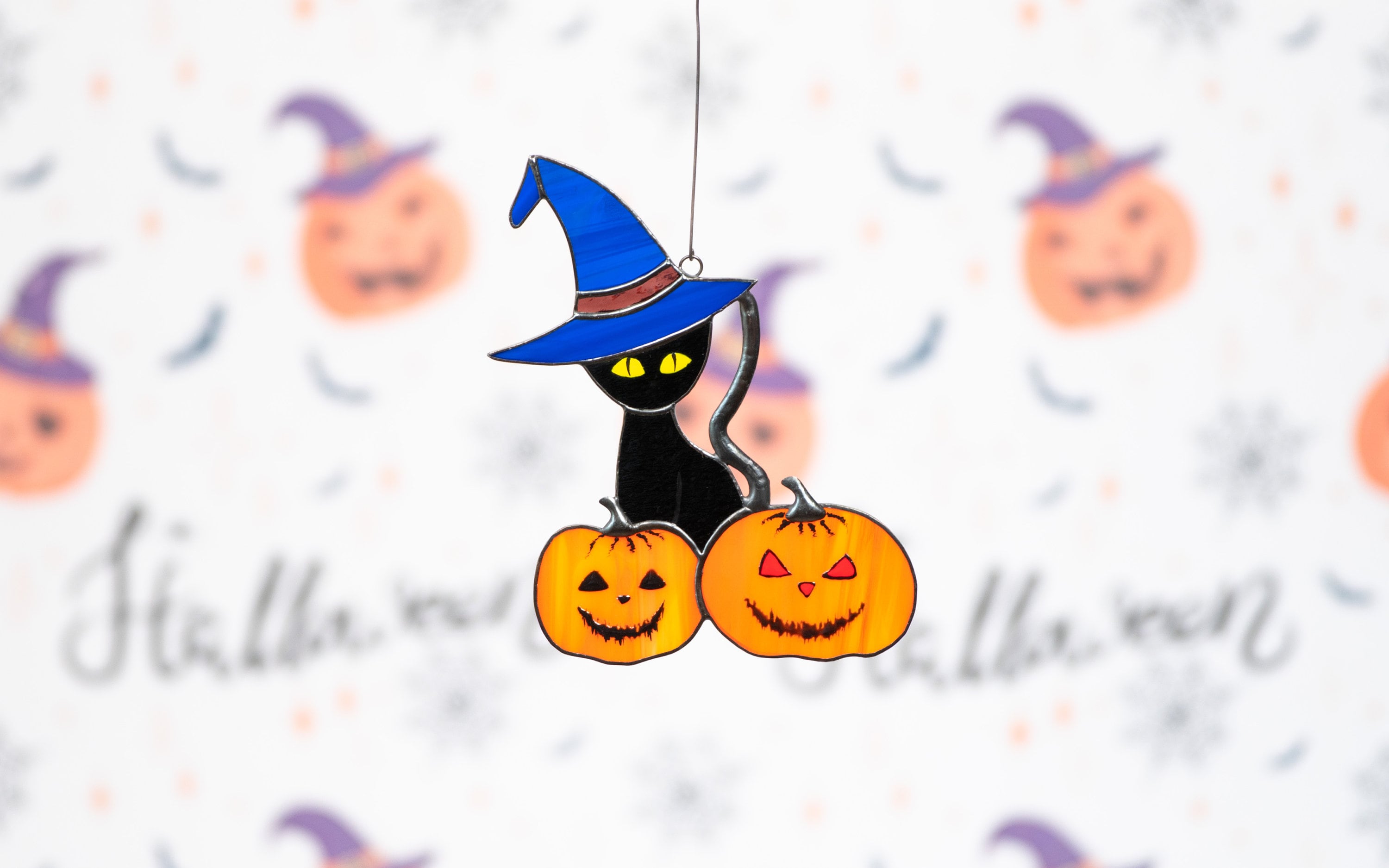 Creepy Cat Stained Glass Suncatcher Halloween Outdoor Decor Wizard Hat ...