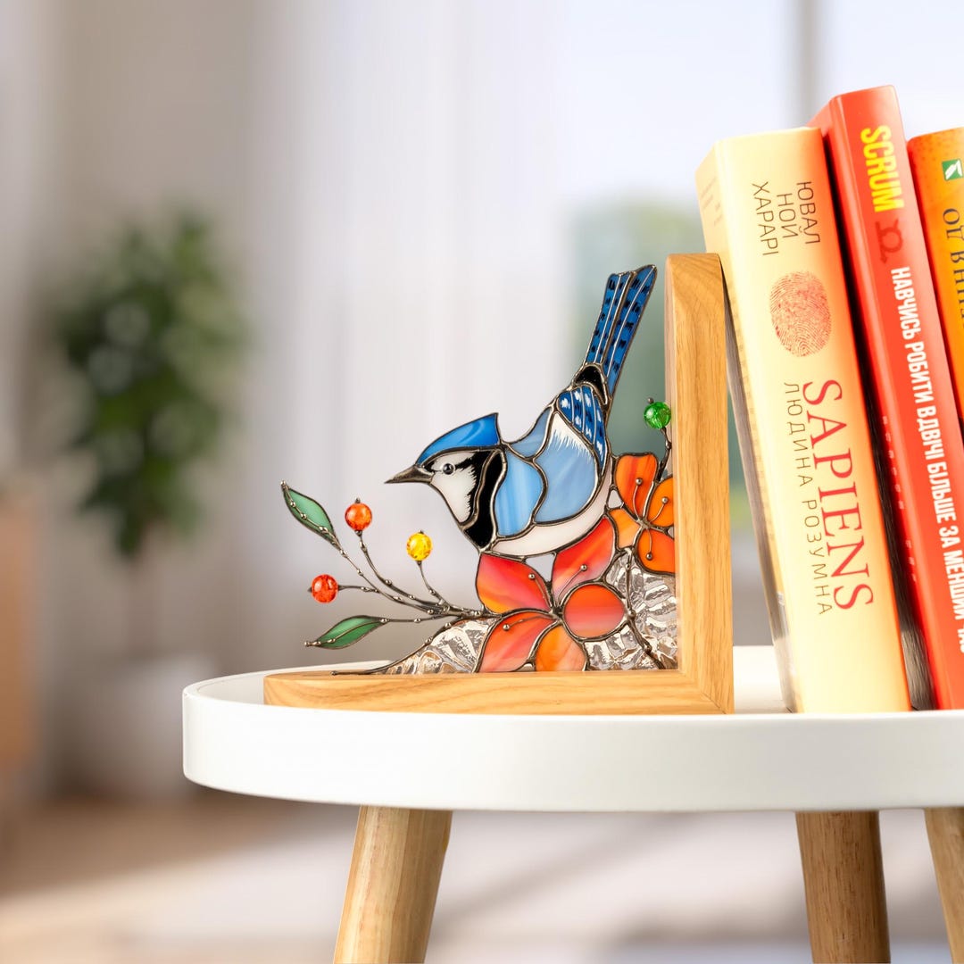Book Ends Stained Glass Panel Godmother Gift Blue Jay Suncatcher - Etsy