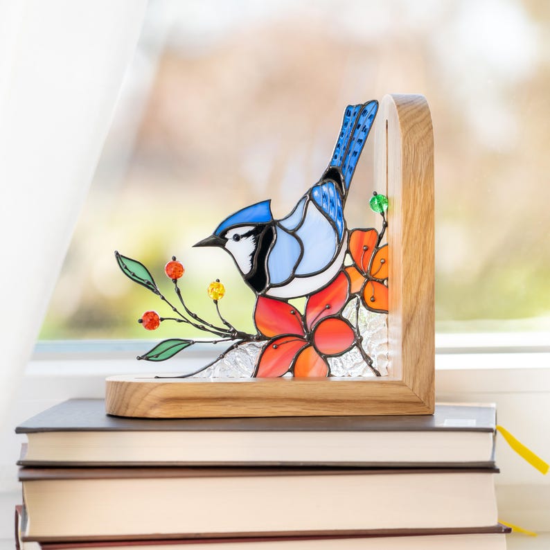 Book Ends Stained Glass Panel Godmother Gift Blue Jay Suncatcher - Etsy