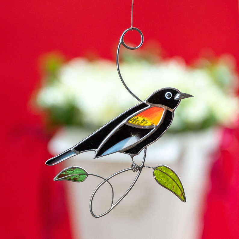 Red Winged Blackbird Stained Glass Window Hangings Stained - Etsy