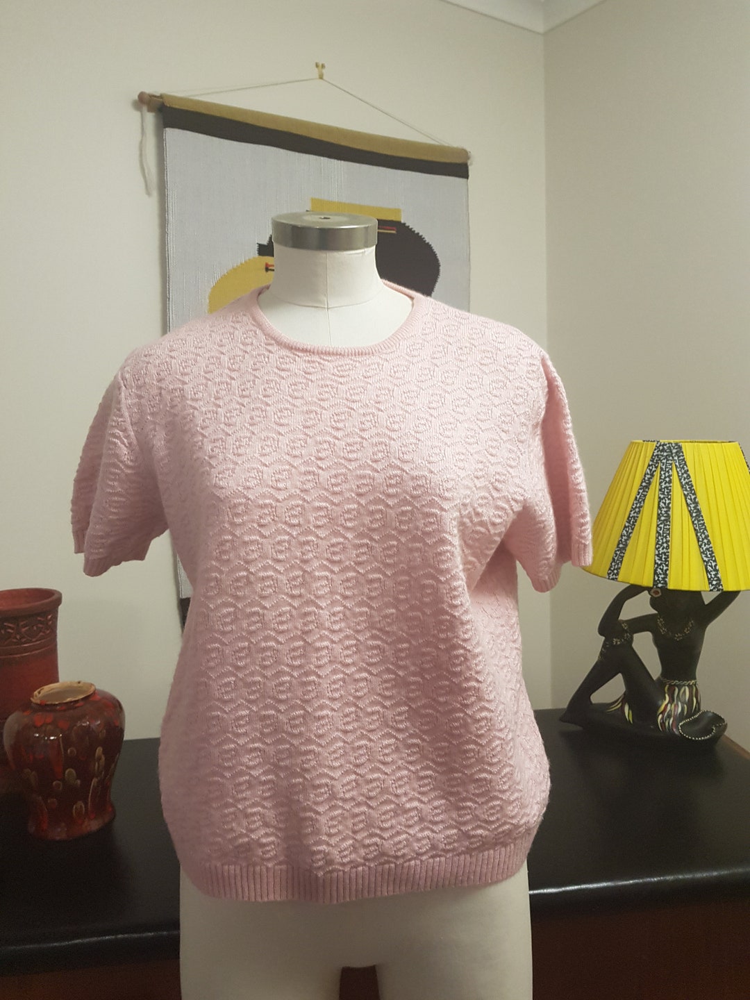 Sweater Jumper Pretty Pink Peach Colour Short Sleeve Wool Acrylic 1970s ...