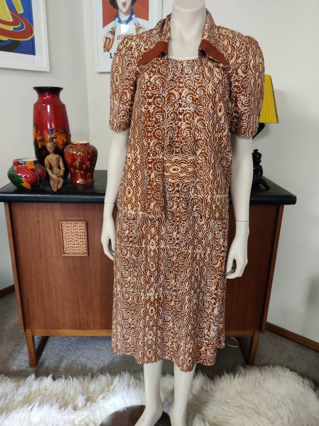1980s Brown and Peach Batik Sundress Bolero Jacket Small Bust 92cm ...