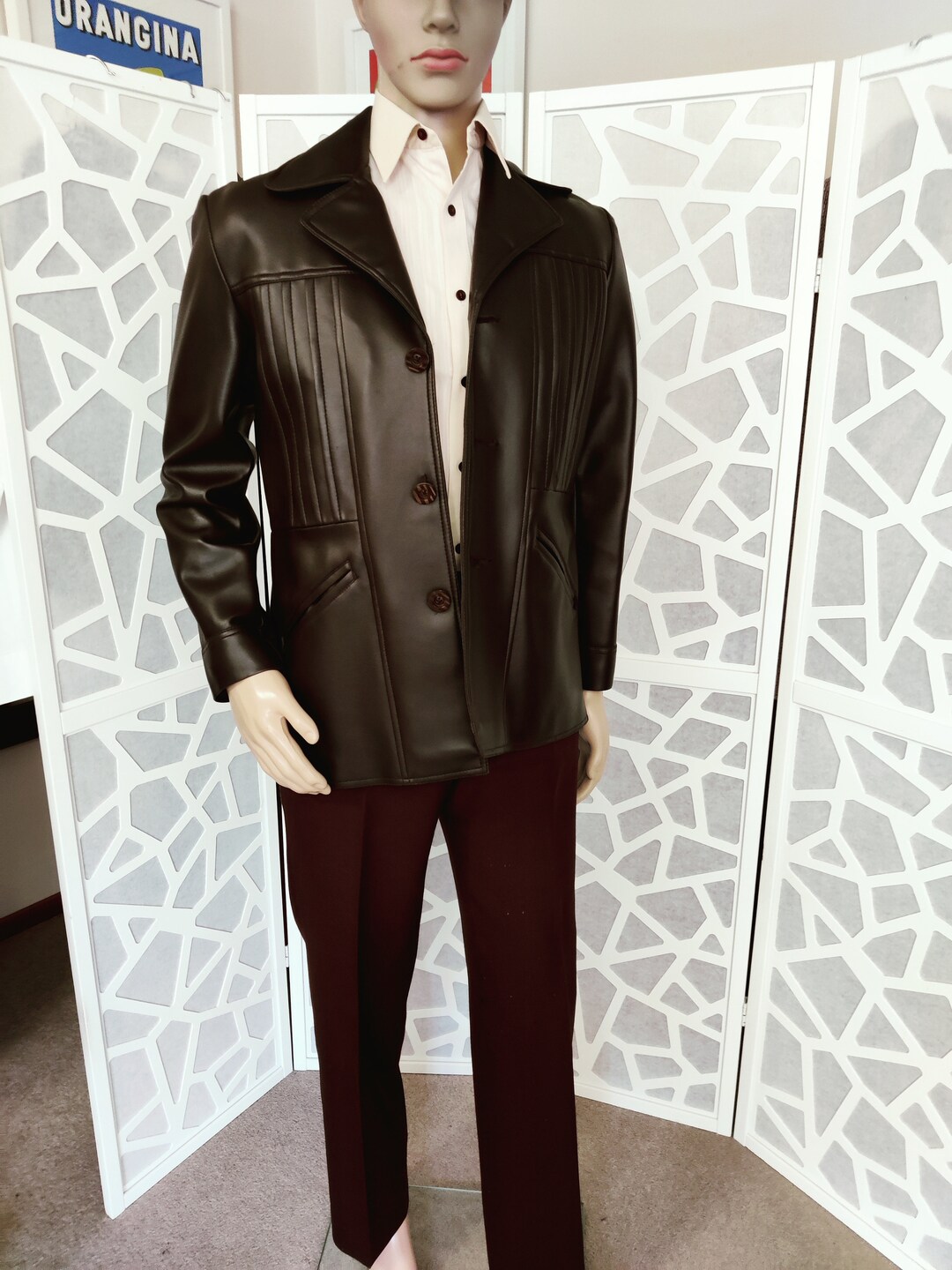 Brown Vegan Vinyl Mens Made in Taiwan 70s 80s Jacket Small Size Chest ...
