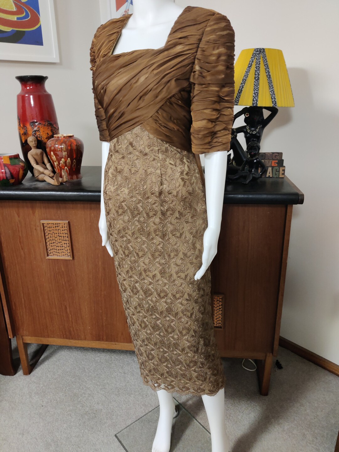 Coffee Brown Lace Dress With Draped Chiffon Bodice Sleeves Back Train ...