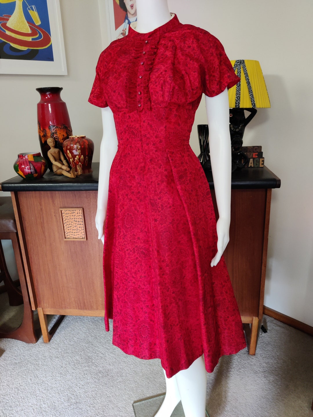 1950s Teen or Subteen Red Dress Shelf Bust Pelham Lined Stiffened Skirt ...