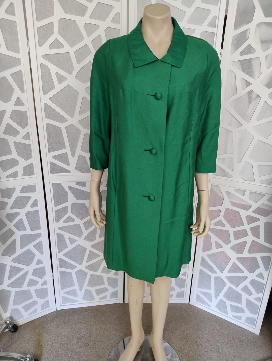 Leon Cutler Label 1960s Spring Green Rayon Coat Front Seam Pockets ...