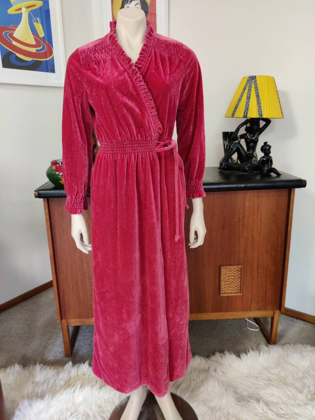Rose Pink Velour Smocked Wrap Gown Long Length 80s Small Bust 40inch ...