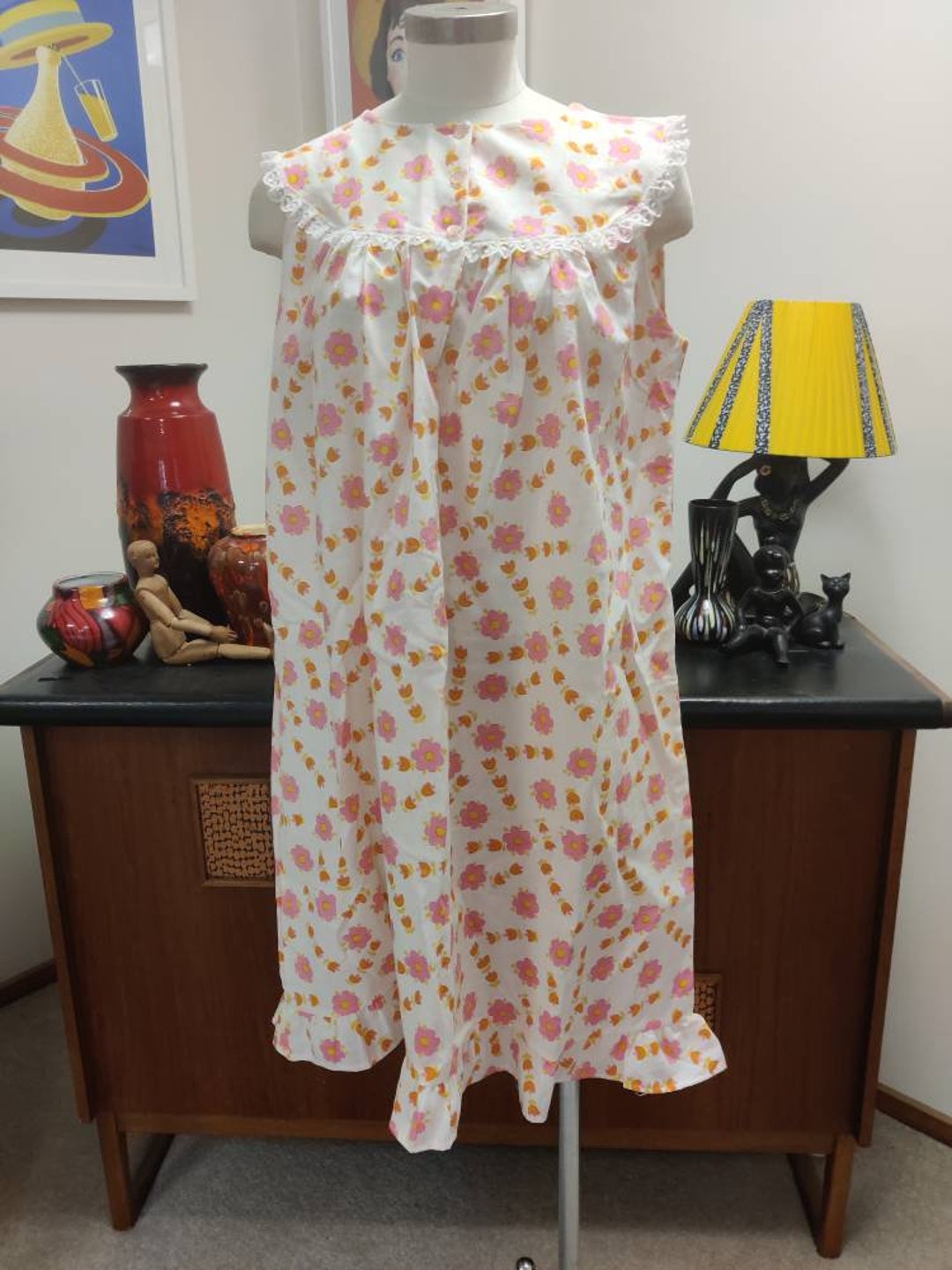 1960s New Old Stock Cotton Mini Nightie Yellow Pink Daisy Small Bust ...