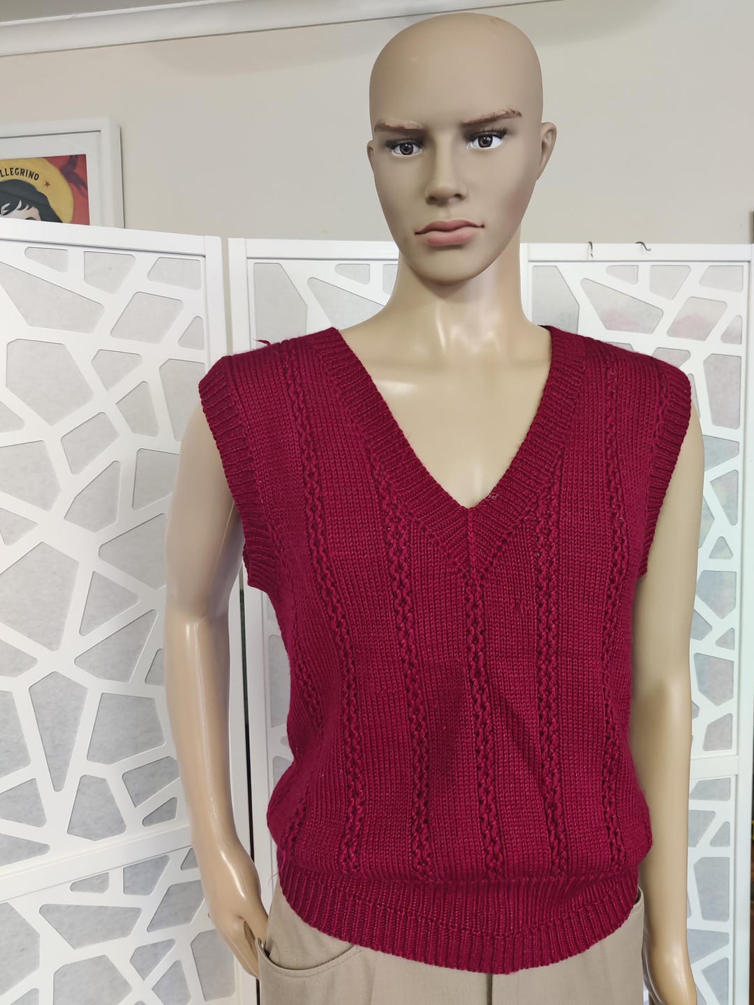 Maroon Hand Knit Wool Vest Cable Front Sleeveless Medium Size Chest ...