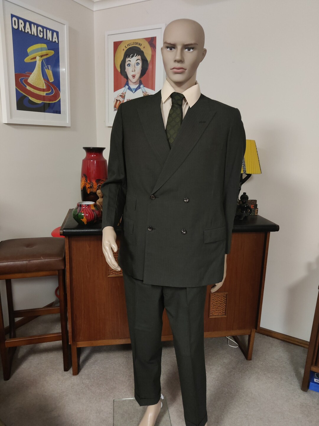 1971 Tailor Made Muted Green Pinstripe Square Cut Jacket Cuffed Pants ...
