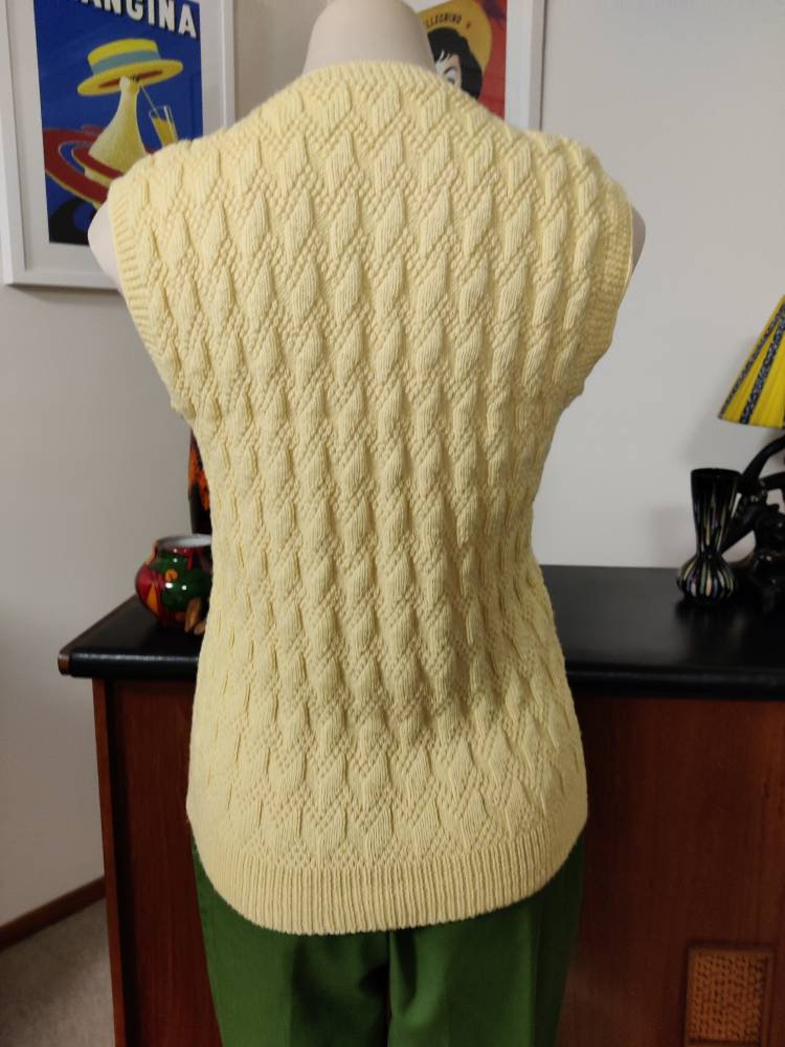 Pale yellow hand knit vest great pattern warm wool unisex | Etsy