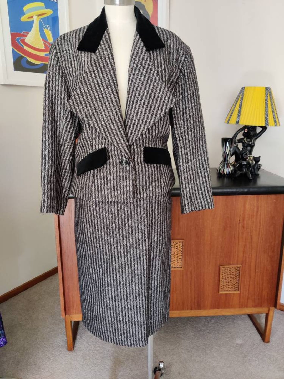 Anthea Crawford Label 1980s Grey Stripe Black Velvet Trim 50s Style ...