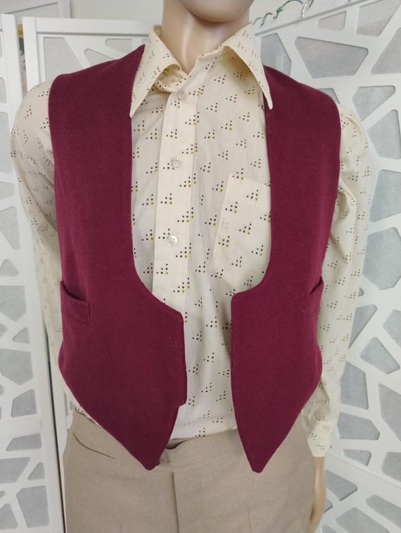 1950s burgundy wool tuxedo vest gender neutral open f… - Gem
