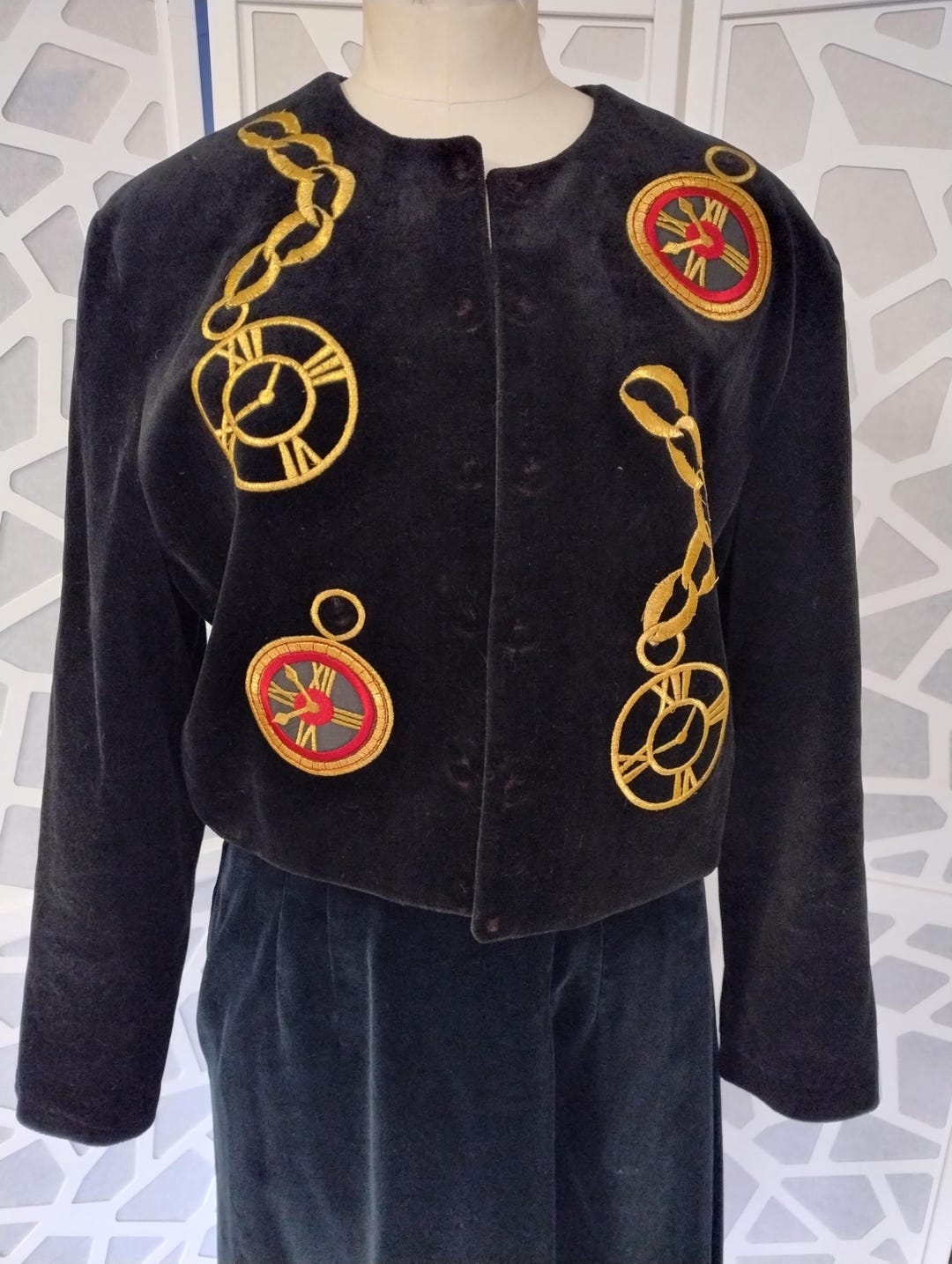 Bestini Label Black Cotton Velvet Jacket Made in France Gold and Red ...