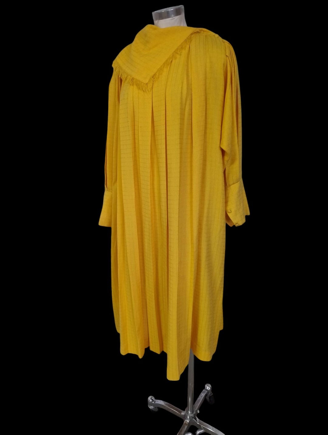 Prue Acton Label Late 1970s Yellow Pleated Dress Scarf Collar 3 Button ...