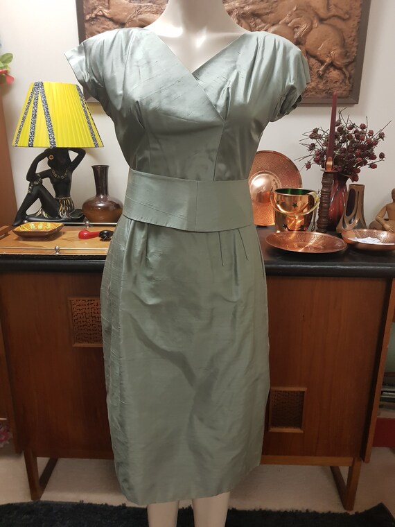 Pale sage green silk dress belt jacket dressy weddin… - Gem