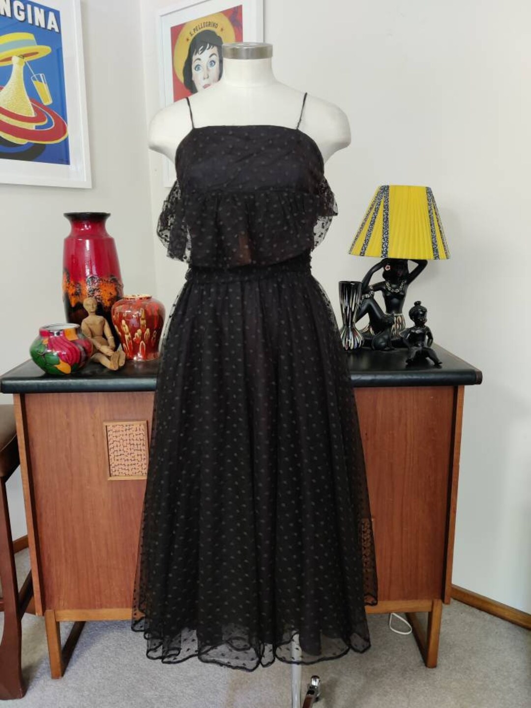 Spotted Tuile Black Solo Label Cocktail Dress Strappey Waisted Gathered ...