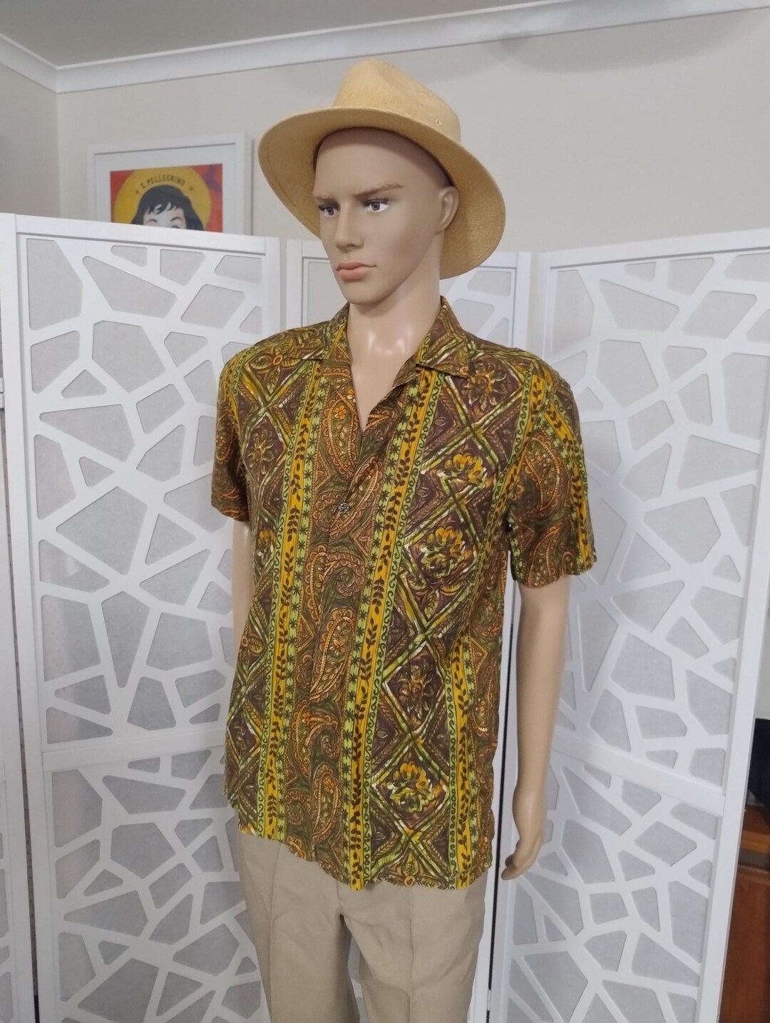 1960s Tiki Pool Party Casual Shirt in Brown Orange and Lime Coours ...