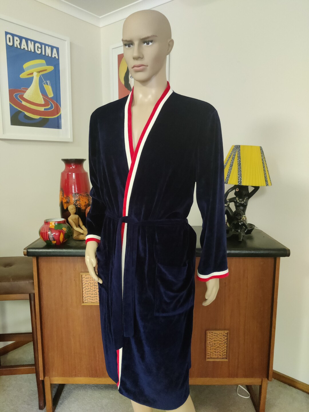 Navy Red White Mens Velour Dressing Gown Robe Tie Belt Below Knees ...