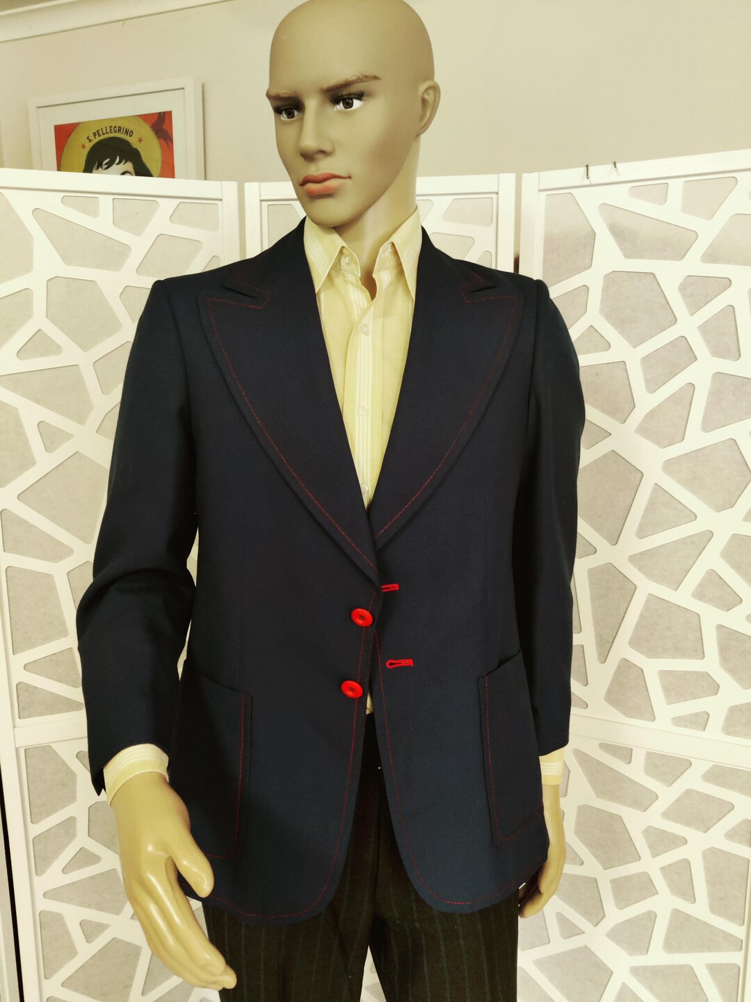 Royal Blue 1970s Wide Lapels Patch Pockets Red Top Stitched Beans ...