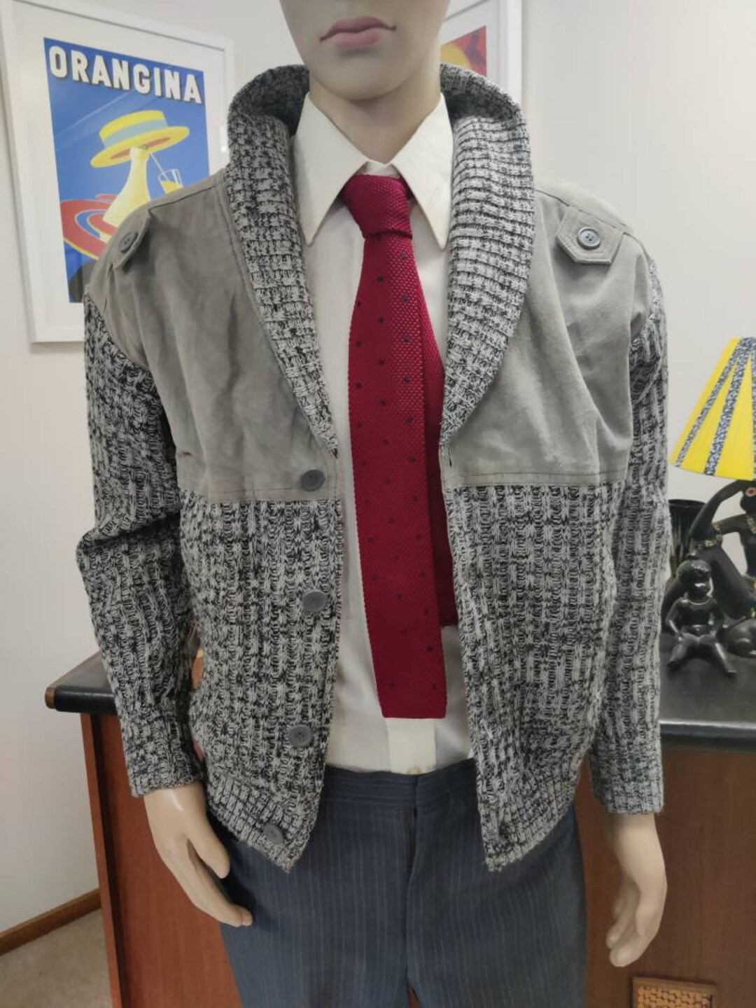 Mens Fabiani Label Acrylic Grey Marble and Pig Suede Jacket Cardigan ...