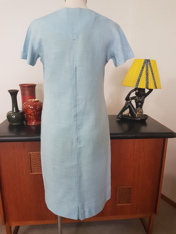 1950s pale blue linen sheath dress applique features … - Gem