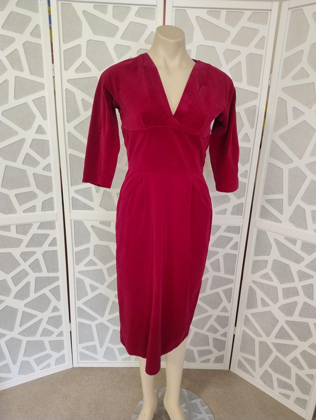 Ruby Red Velvet 1960s Shelf Bust Dress Side Metal Zipper Below Knee ...