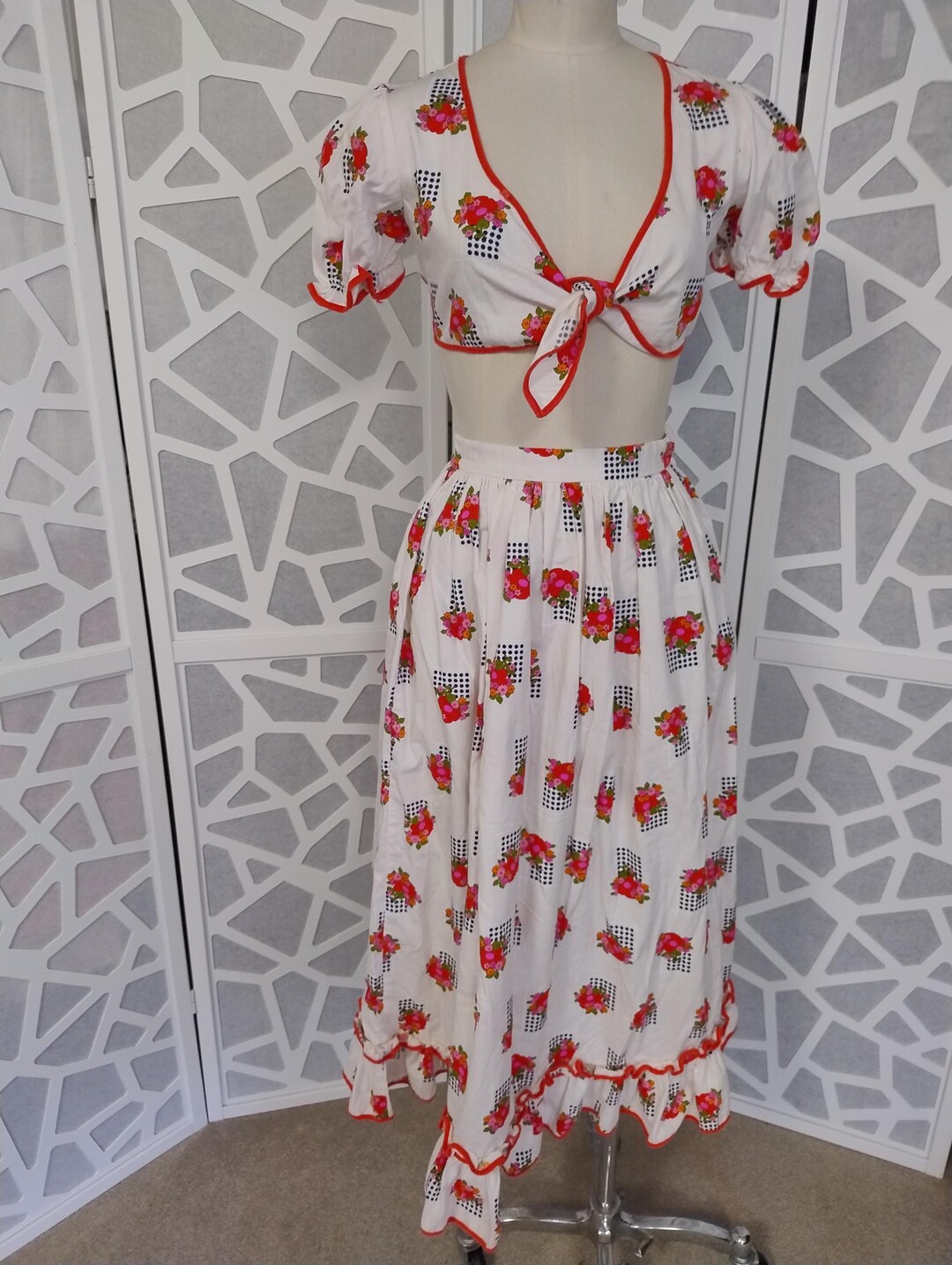Vintage Target 70s Retro Print Cotton Midriff Top and Gathered Skirt ...