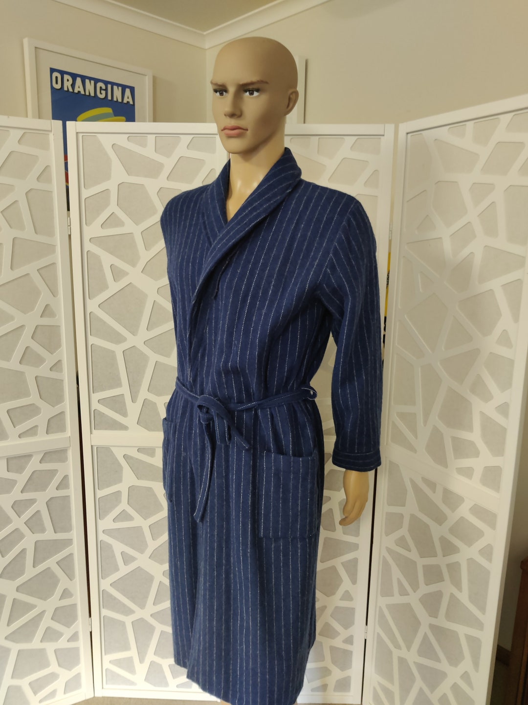 Givoni Blue Striped Dressing Gown Robe Wrap Style Pockets Chest 116cm ...